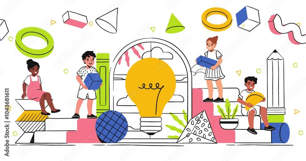 Kids creative process. Moving banner with happy little children holding ...