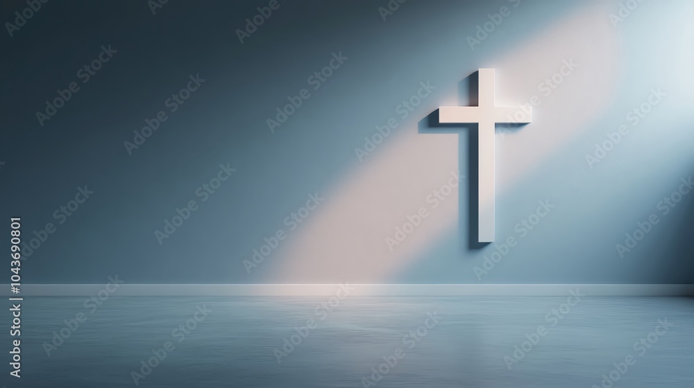Minimalist depiction of a cross on a pale wall, with soft illumination ...