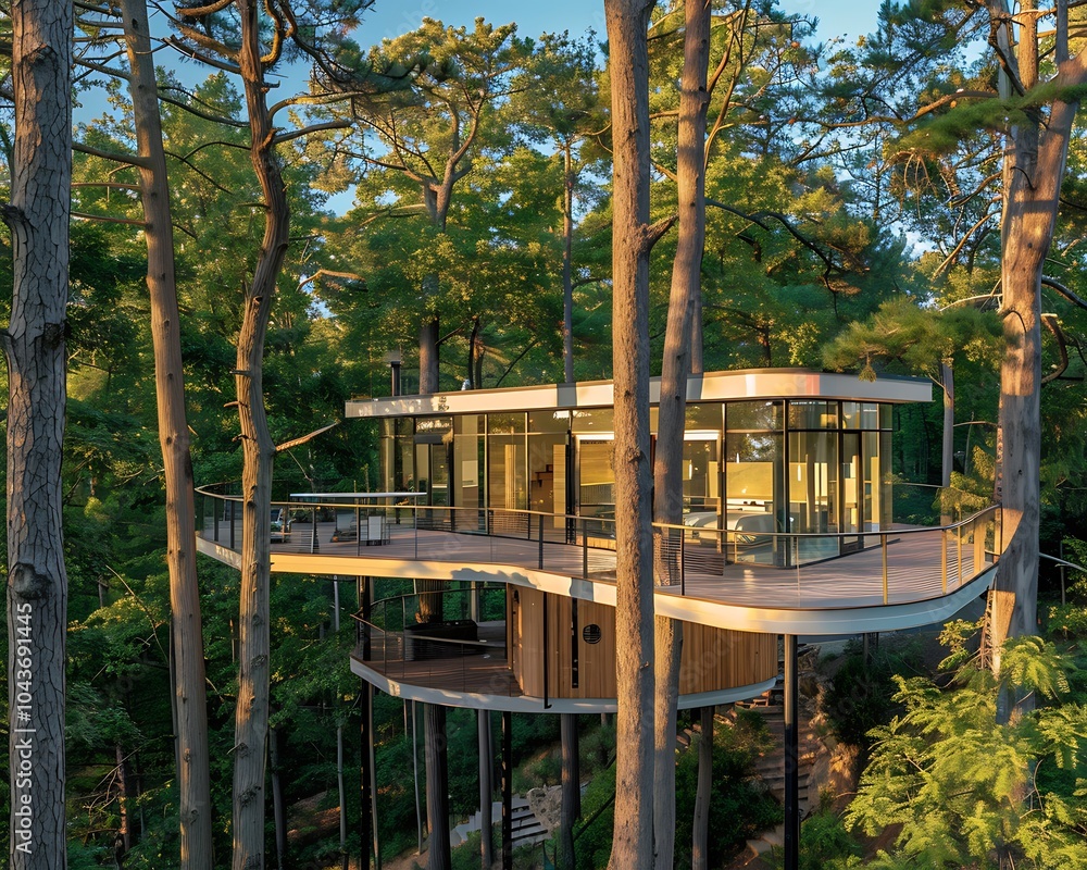 A modern treehouse nestled among tall trees with a wraparound deck and ...