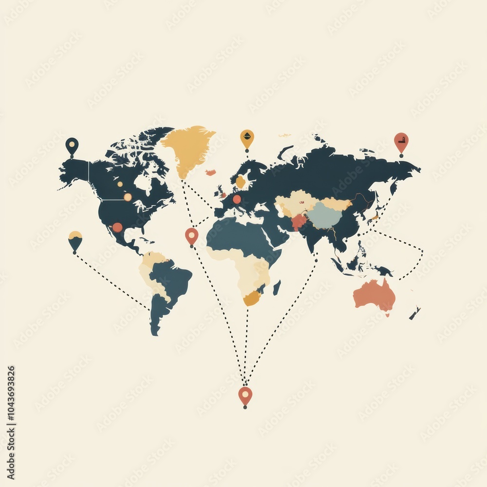 This world map outlines major travel destinations marked with map pins ...