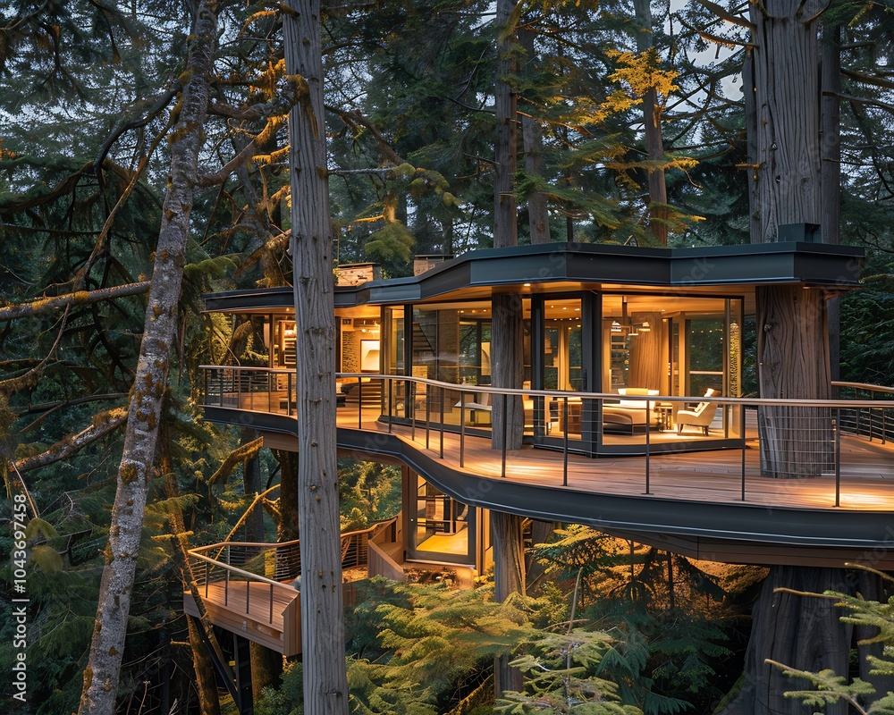 A modern treehouse nestled among tall trees with a wraparound deck and ...