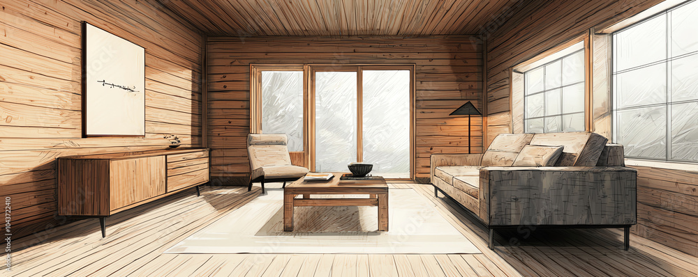 Artistic sketch of a rustic cabin interior layout, with natural wood ...
