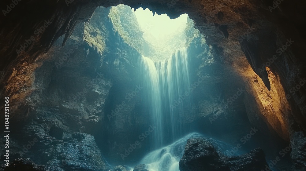 A view from inside a cave, looking up at a waterfall cascading down ...