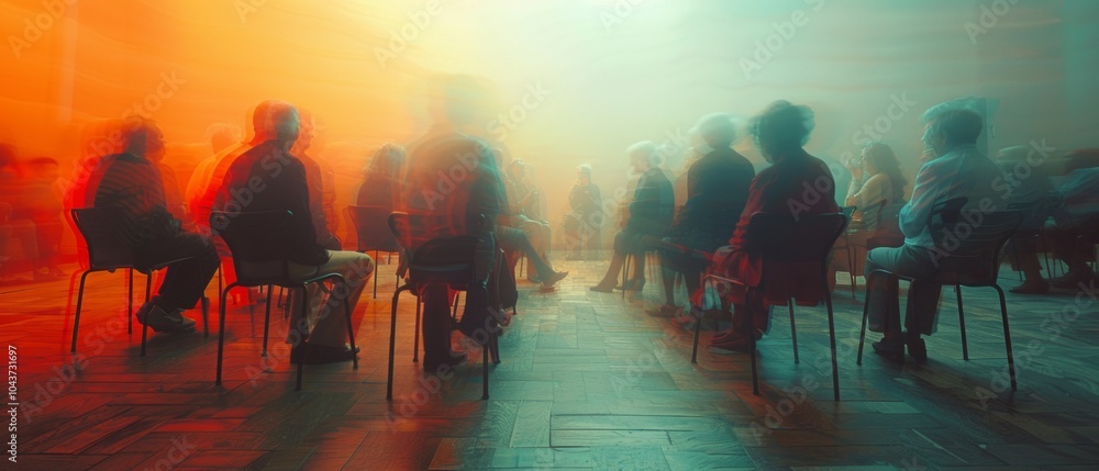 A surreal image depicts people in a circle, facing different directions ...