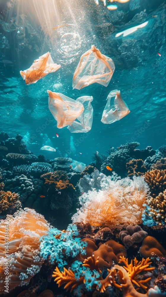 Underwater scene with vibrant coral reef, fish, and plastic pollution ...