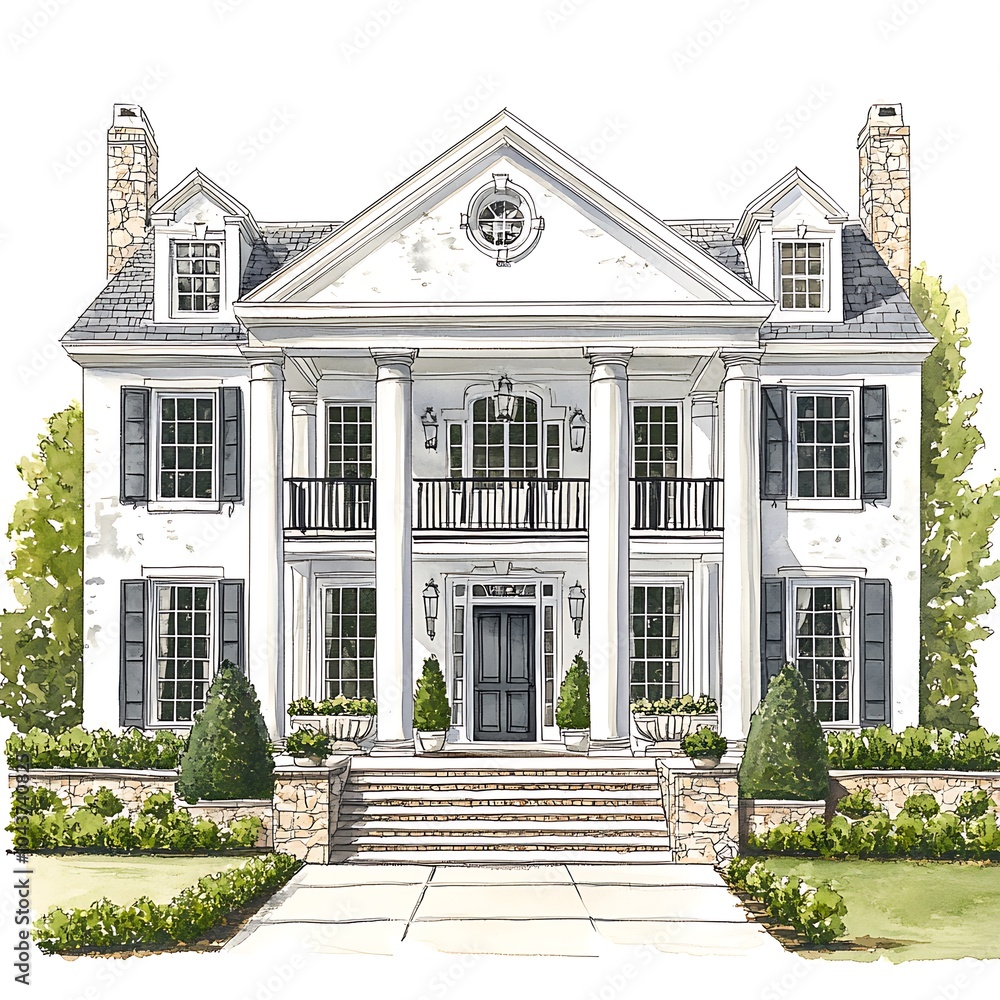 Watercolor illustration of a classic white two-story house with pillars ...