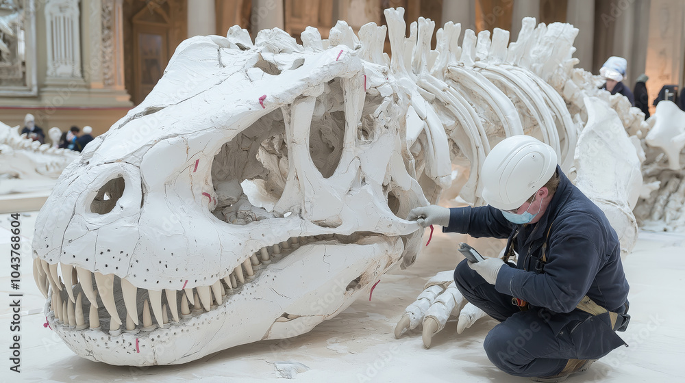 Dinosaur fossil restoration: paleontologist examines t. rex skeleton in ...