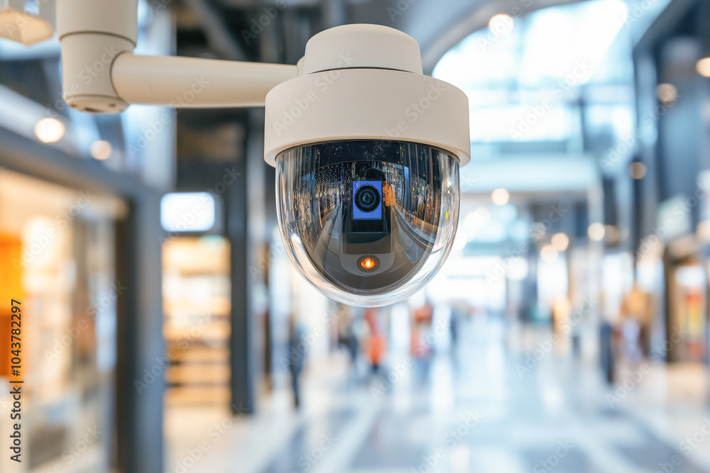 Modern public CCTV camera with blur interior shopping mall background ...