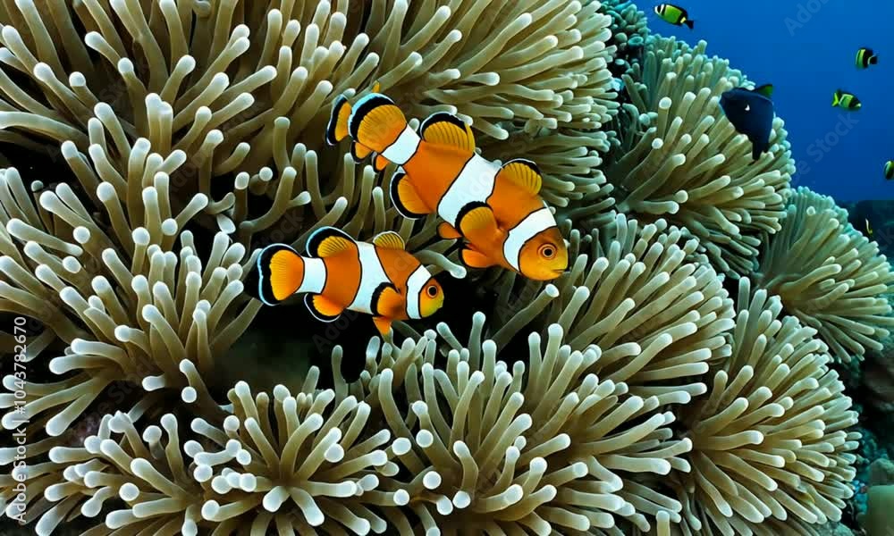 Three clownfish swimming among sea anemones in vibrant underwater coral ...