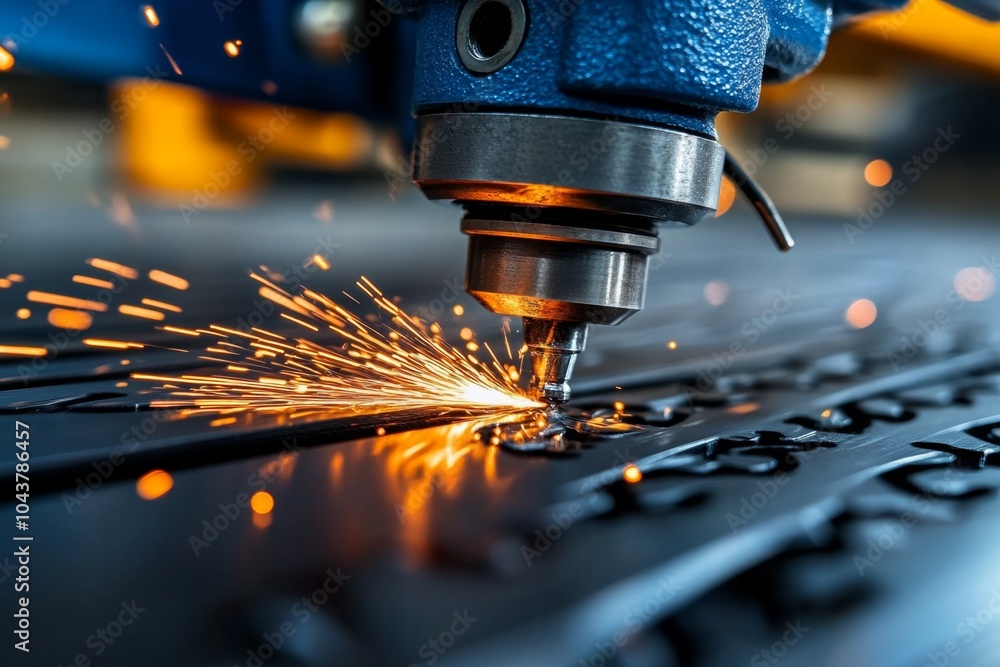 Industrial machinery cutting through thick steel beams, with intense ...