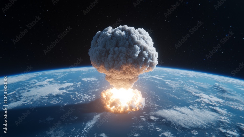 A massive nuclear explosion occurs in space above Earth, with a huge ...