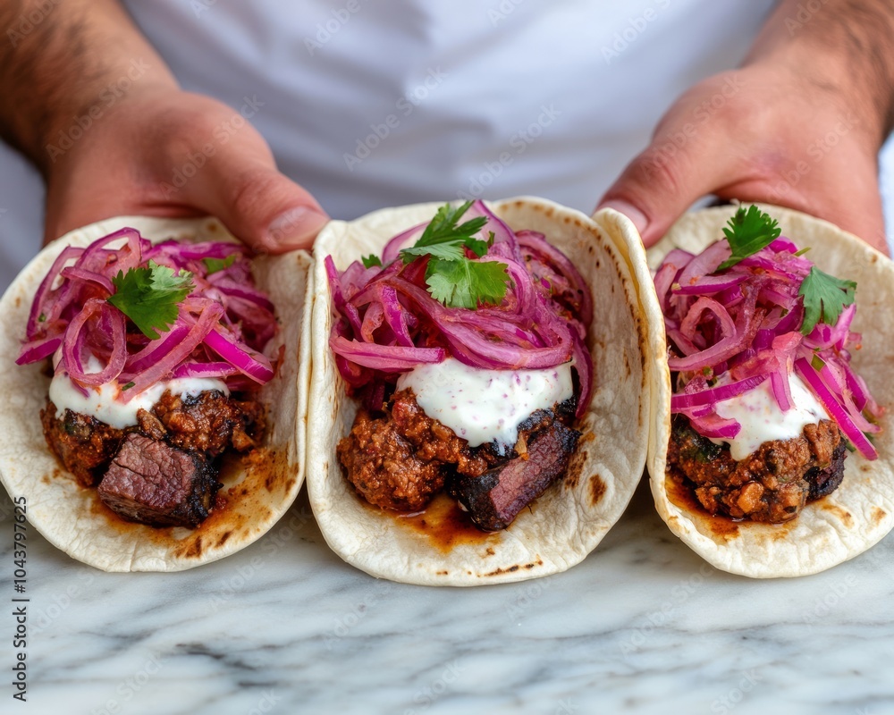 Tiga taco berisi daging, saus, dan bawang merah. Stock Photo | Adobe Stock