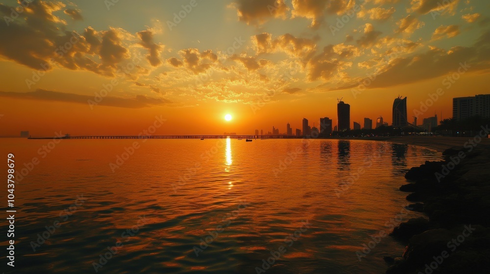 Doha Skyline at Sunset: Highrise Buildings by the Waterfront in Qatar ...