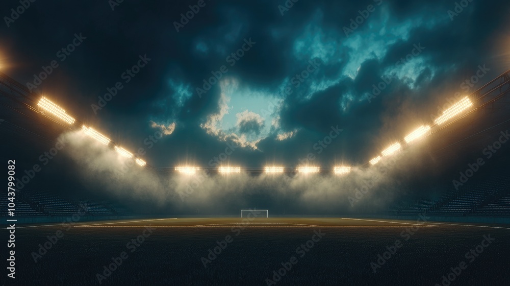 Dramatic stadium lights glowing above the soccer field, as the night ...