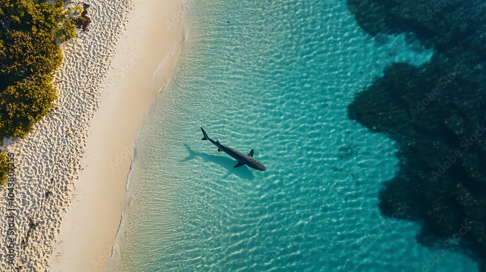 Photo & Art Print A lone shark swimming in clear blue-green waters ...