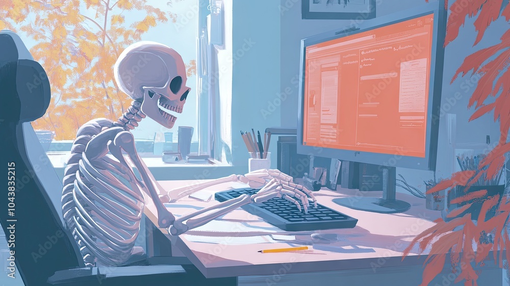 A playful depiction of a skeleton seated at a desk, typing on a ...