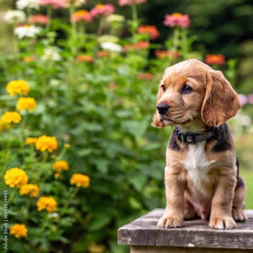 A scene with a Cocker Spaniel puppy sitting on a wooden bench in a ...