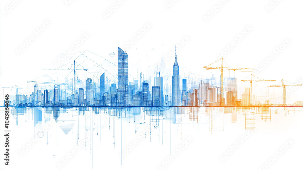 A blueprint of a city skyline under construction, with multiple cranes ...