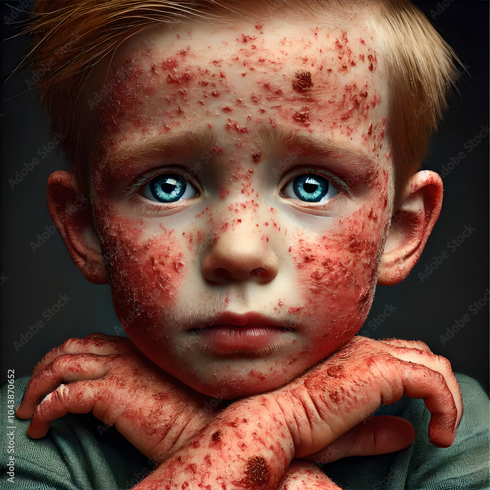 Young child with atopic dermatitis (eczema) on face and arms. dry, red ...