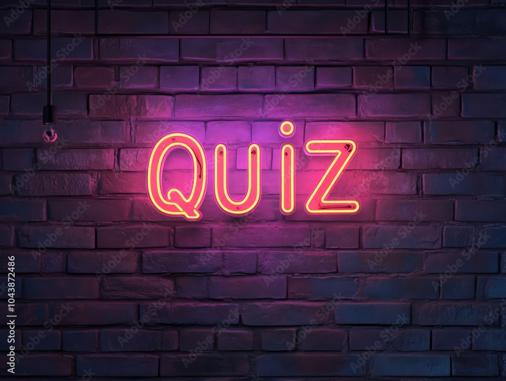 Neon Quiz Sign: A vibrant pink neon sign spelling "QUIZ" against a dark ...