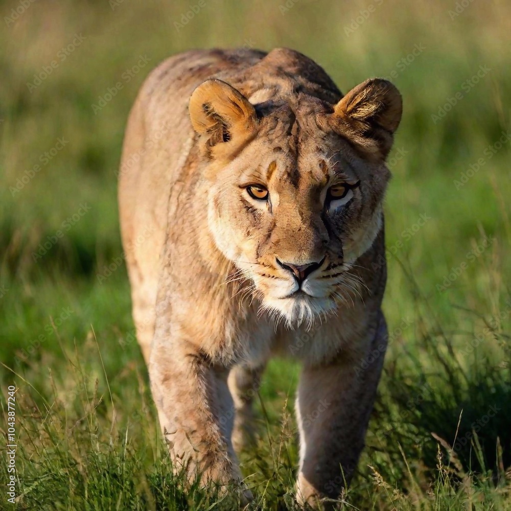 A macro photo of a lioness stalking through tall grass, deep focus on ...