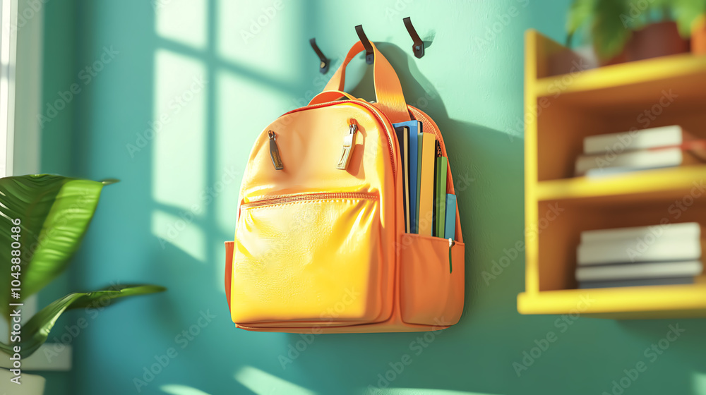 Student backpack hanging on a hook with school books below, ready for ...