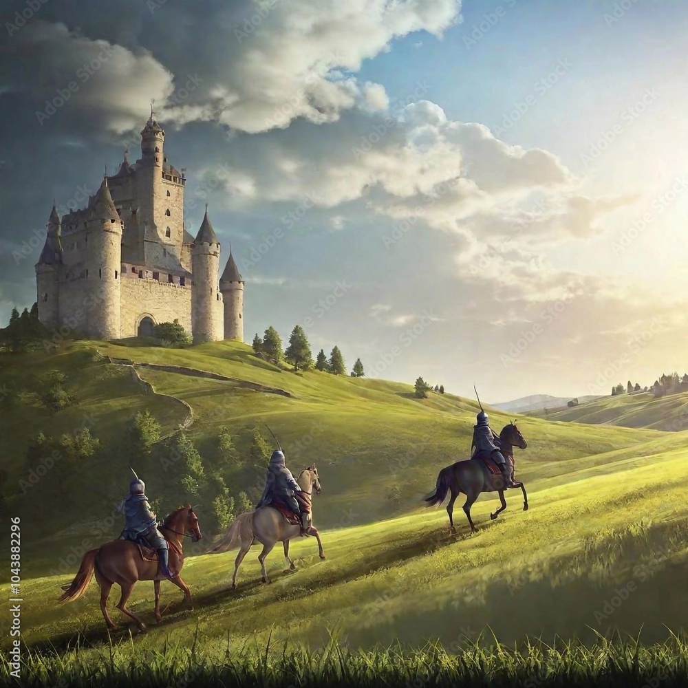 cartoon illustration with medieval horse race set on a grassy hillside ...