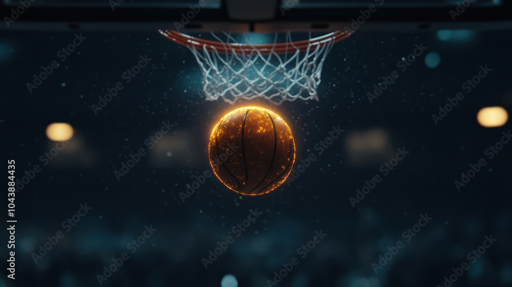 Basketball in mid-air approaching the hoop under arena lights. Action ...