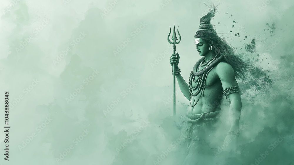 Watercolor illustration of Lord Shiva, snake around his throat, holding ...