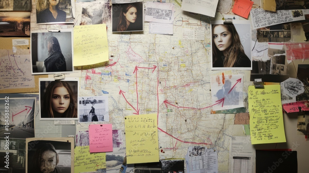 Detective Evidence Board with Photos, Maps, and Notes in a Crime ...