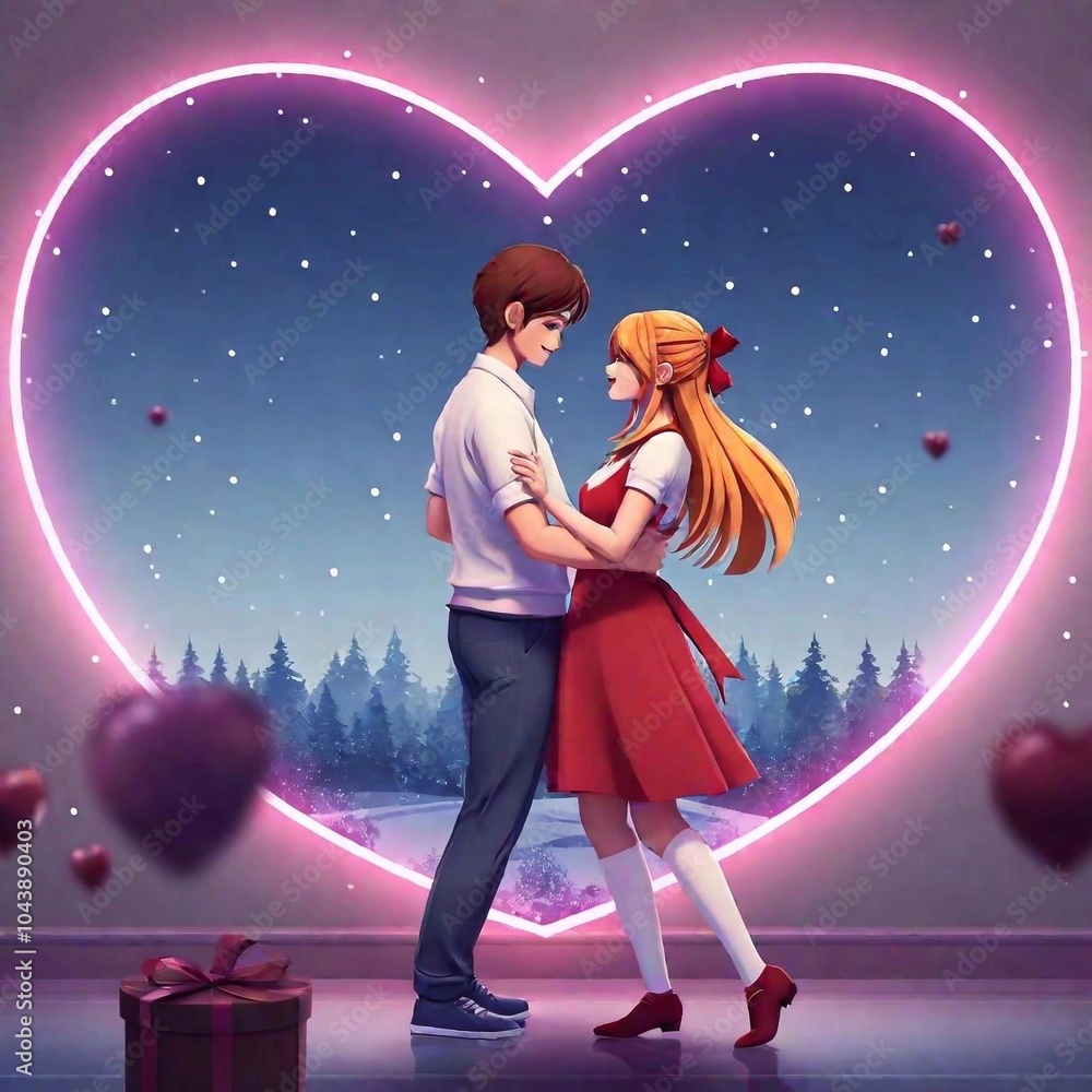 Valentine's Day date scene in anime style art style. medium long shot ...