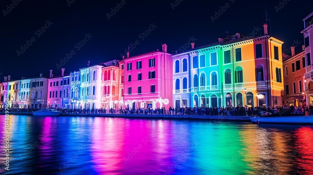 Colorful light projections dancing on buildings during a festival ...