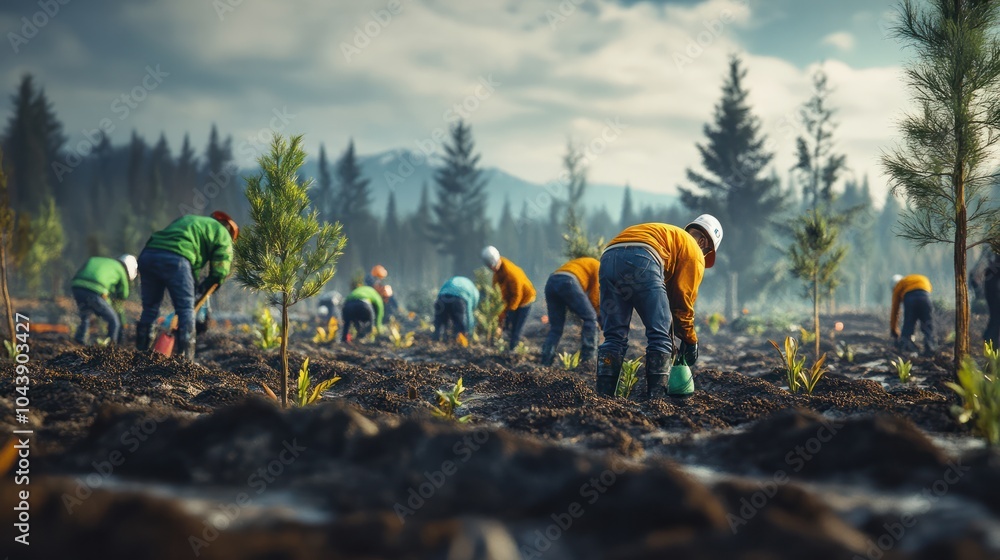 Reforestation Efforts. Volunteers planting trees in a deforested area ...