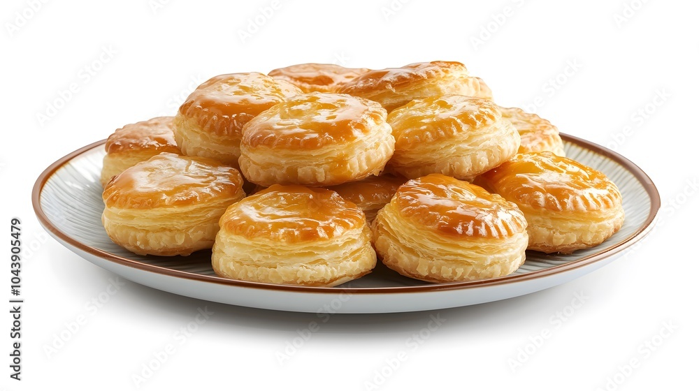 Plate of golden puff pastry biscuits with glazed topping Stock Photo ...