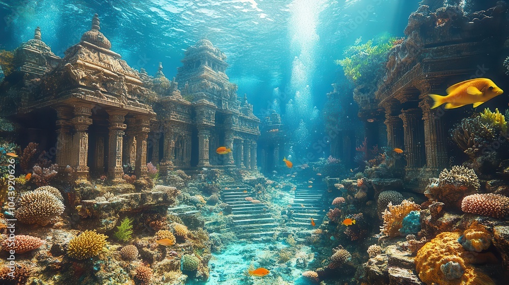mysterious underwater realm showcasing a submerged ancient city with ...