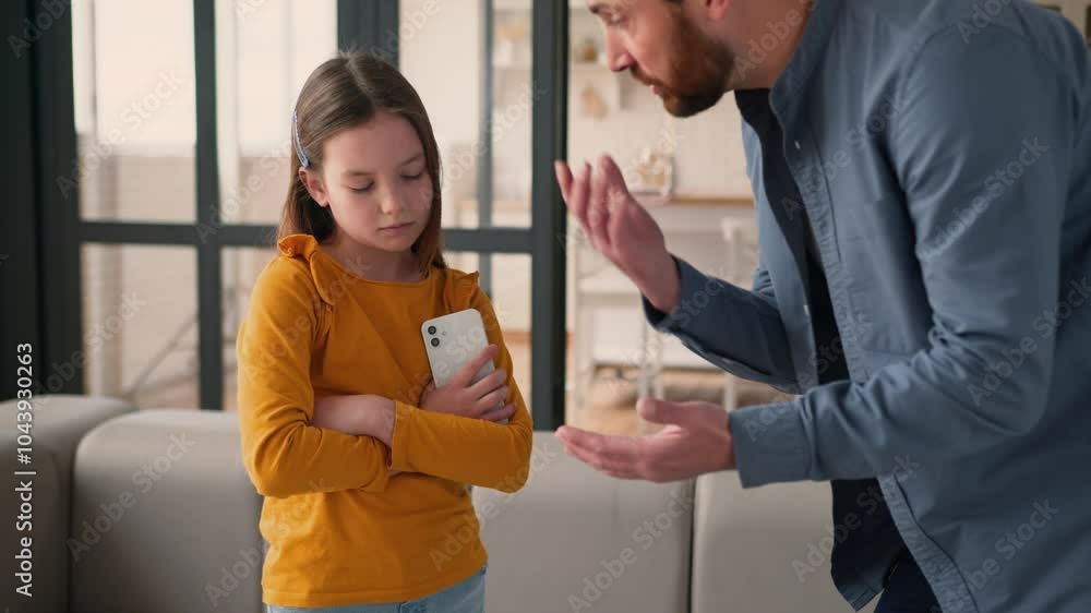 Irritated Caucasian father man parent scolding talk guilty device ...
