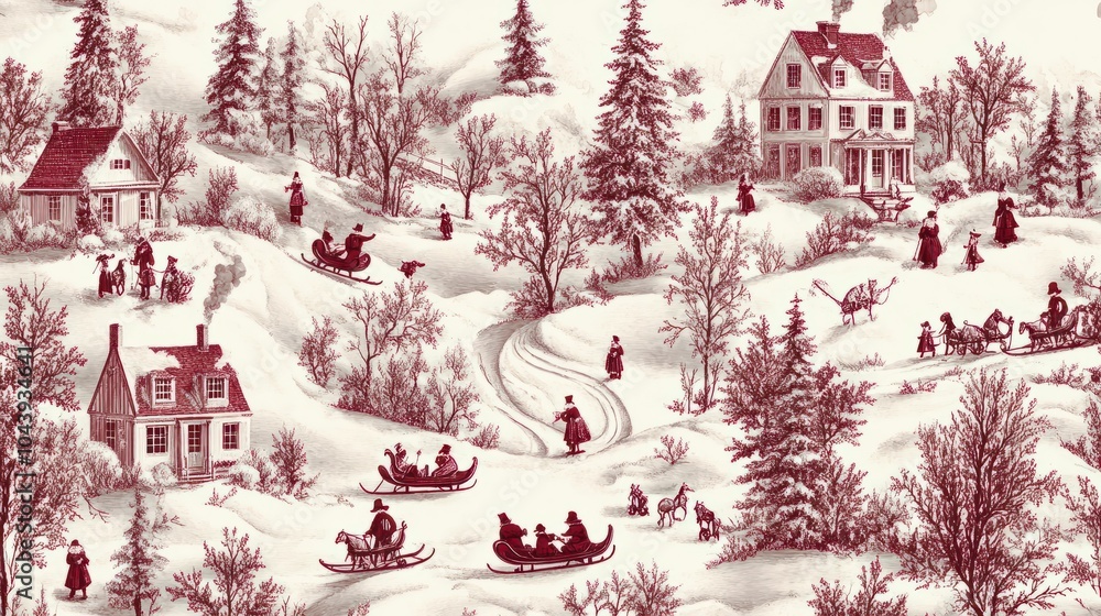 2408 28.A vintage-inspired Christmas Toile de Jouy seamless pattern ...