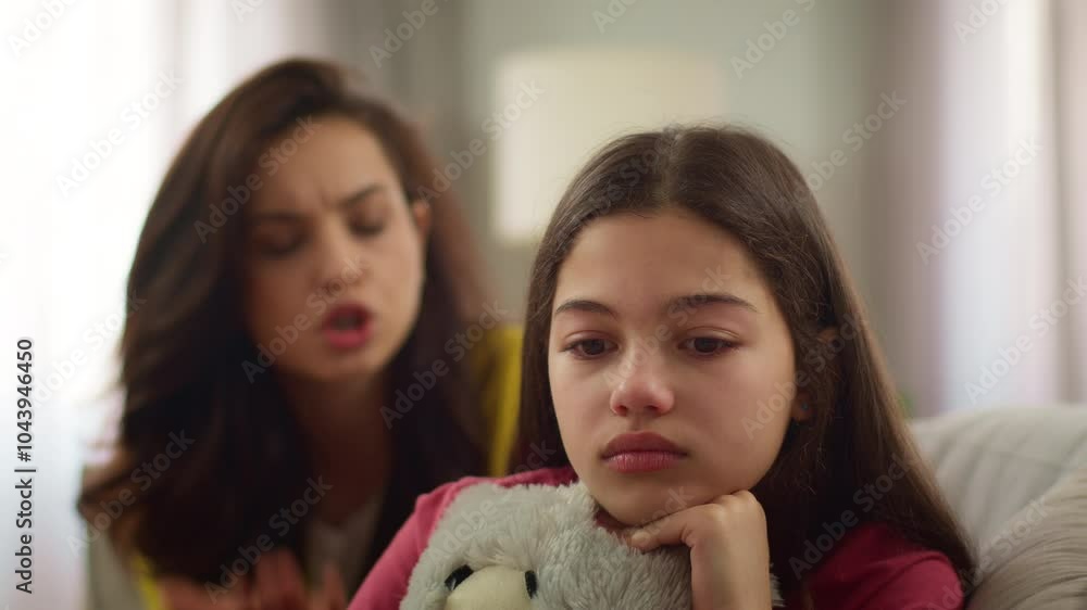 Angry furious Caucasian woman female shouting mother mom yelling parent argument quarrel ...