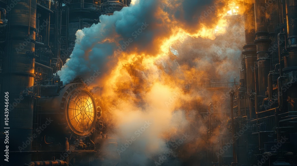 rustic factory belching smoke gears in motion industrial ambiance ...