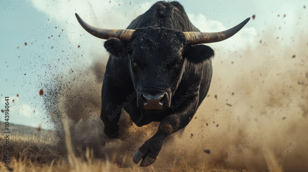 Low angle view of black bull charging Stock Photo | Adobe Stock