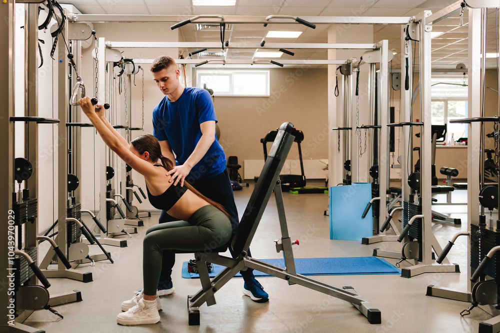 Spine rehabilitation with kinesiotherapy. Doctor helps his patient to ...