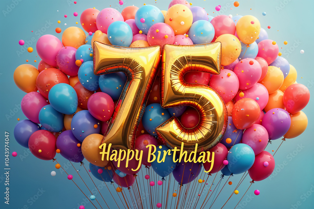 75th birthday card. Large, colorful balloon arrangement with the number ...