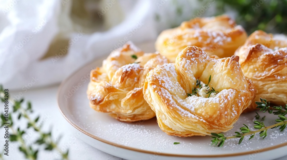 Puff pastry flowers with cream cheese filling, isolated on a white ...