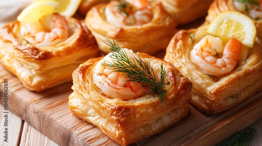 Puff pastry vol-au-vents with shrimp and dill, on a light wooden board ...