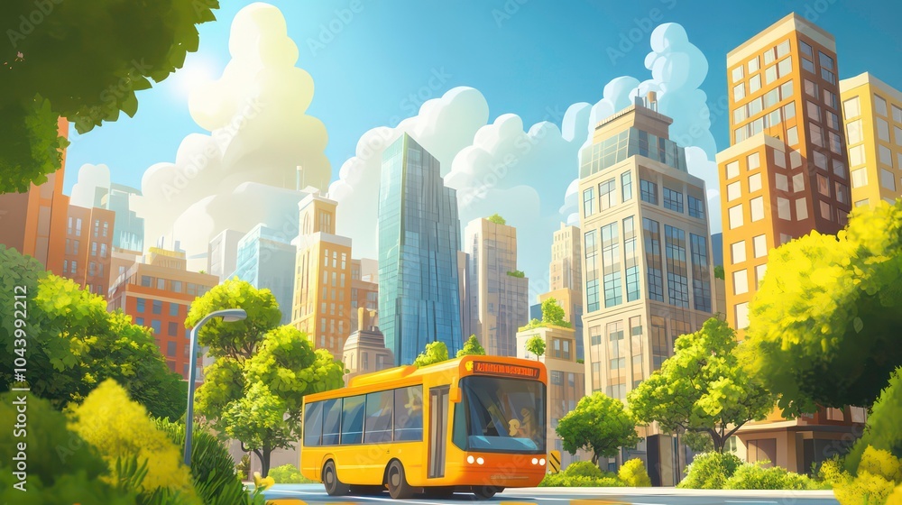 A yellow bus drives on a city street with tall buildings in the ...