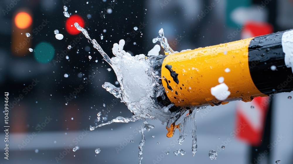 A dramatic splash of water erupts from a yellow roadside pillar ...