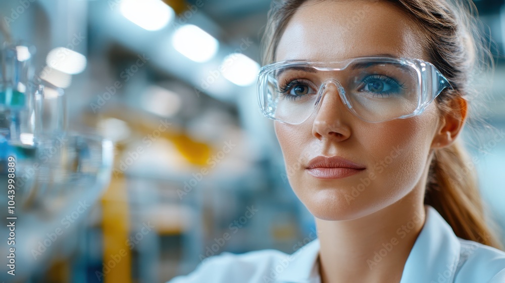 A serious female researcher dons safety goggles as she observes a high ...