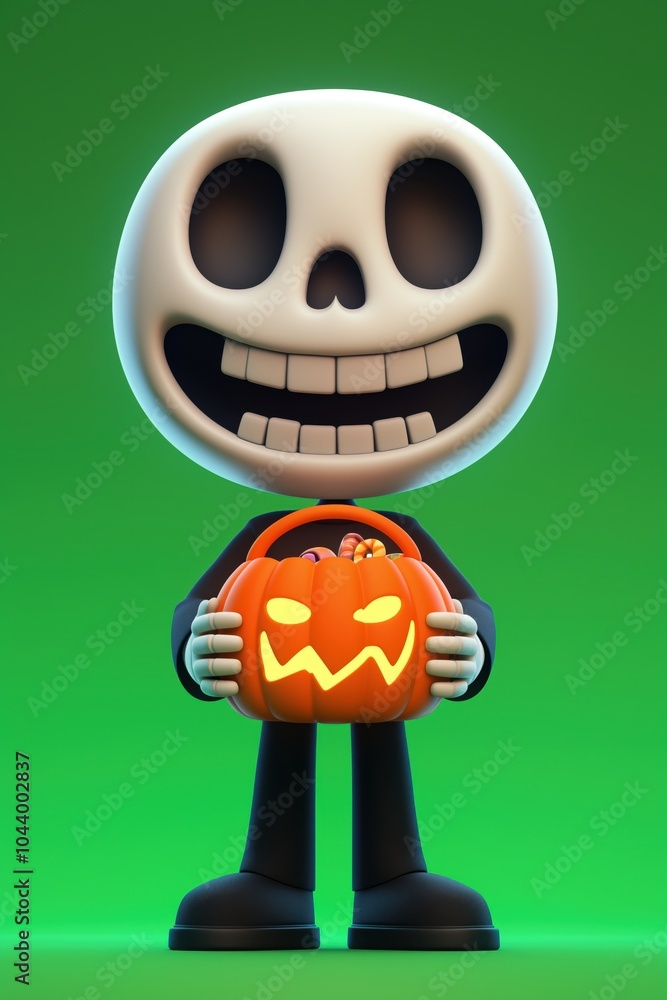 Spooky Fun: A cute, 3D rendered skeleton character in a black suit ...