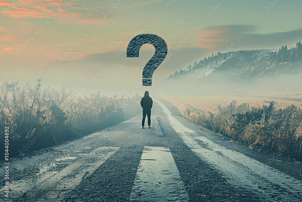 Man is walking down a road with a question mark in the air. The image ...