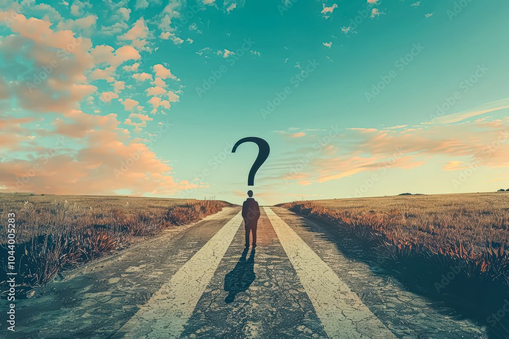 Man is walking down a road with a question mark in the air. The image ...